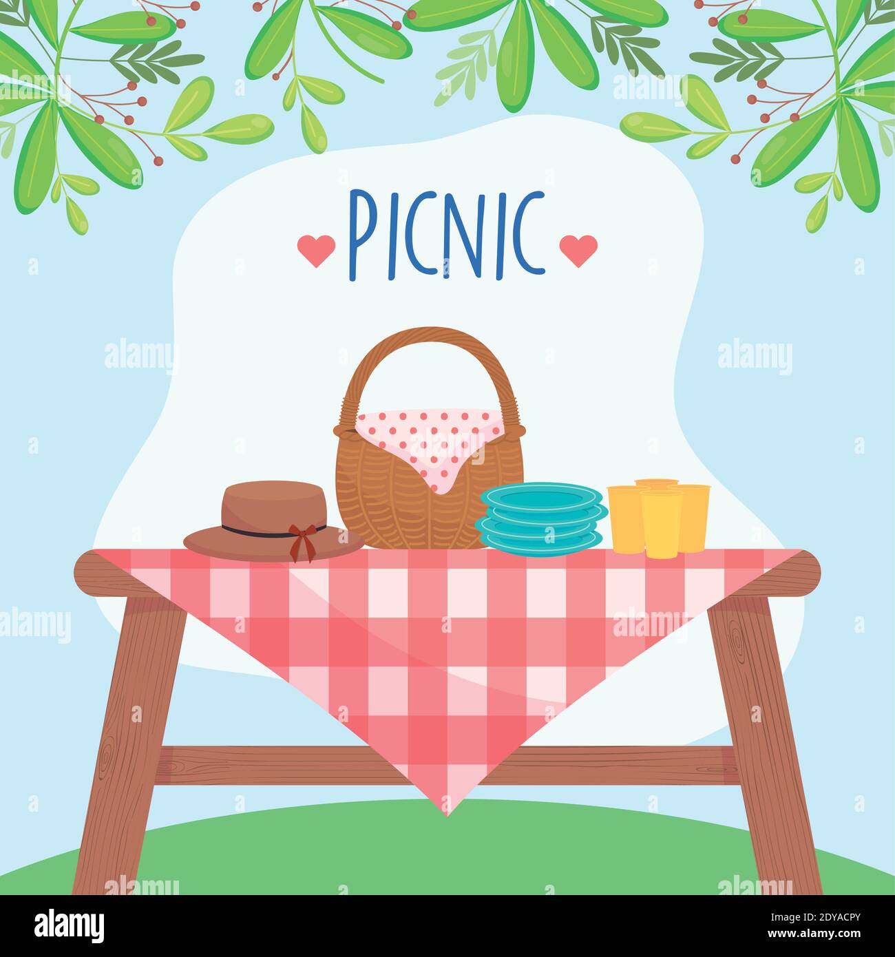 picnic design with table with picnic elements, colorful design, vector ...