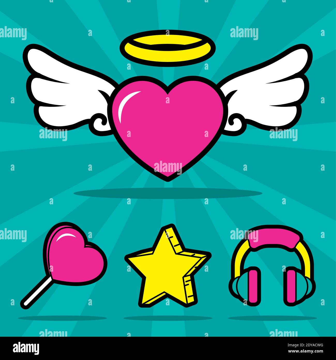 pop art heart with wings and related icons over blue background ...
