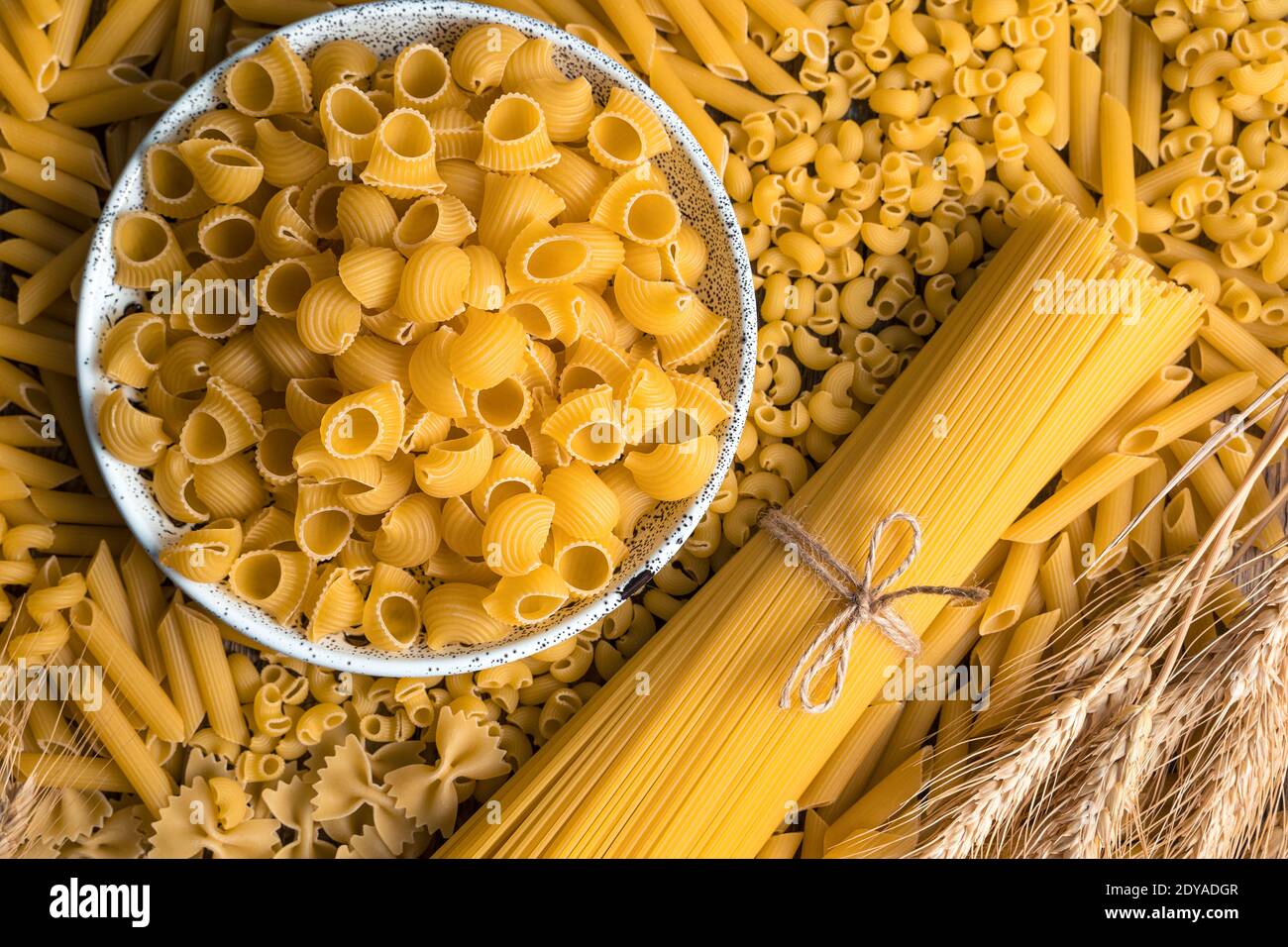 Pasta of different types in a large assortment. The view from the top ...