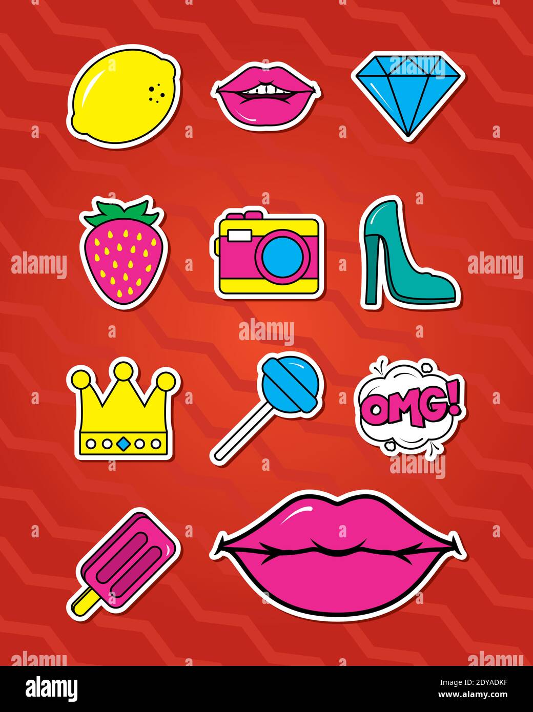 pop art icons set over red background, colorful design, vector ...