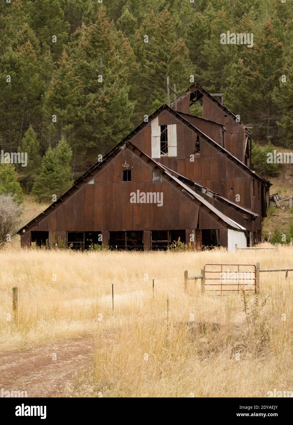 A rusty, corrugated steel building near the Henderson Creek Mine, on ...