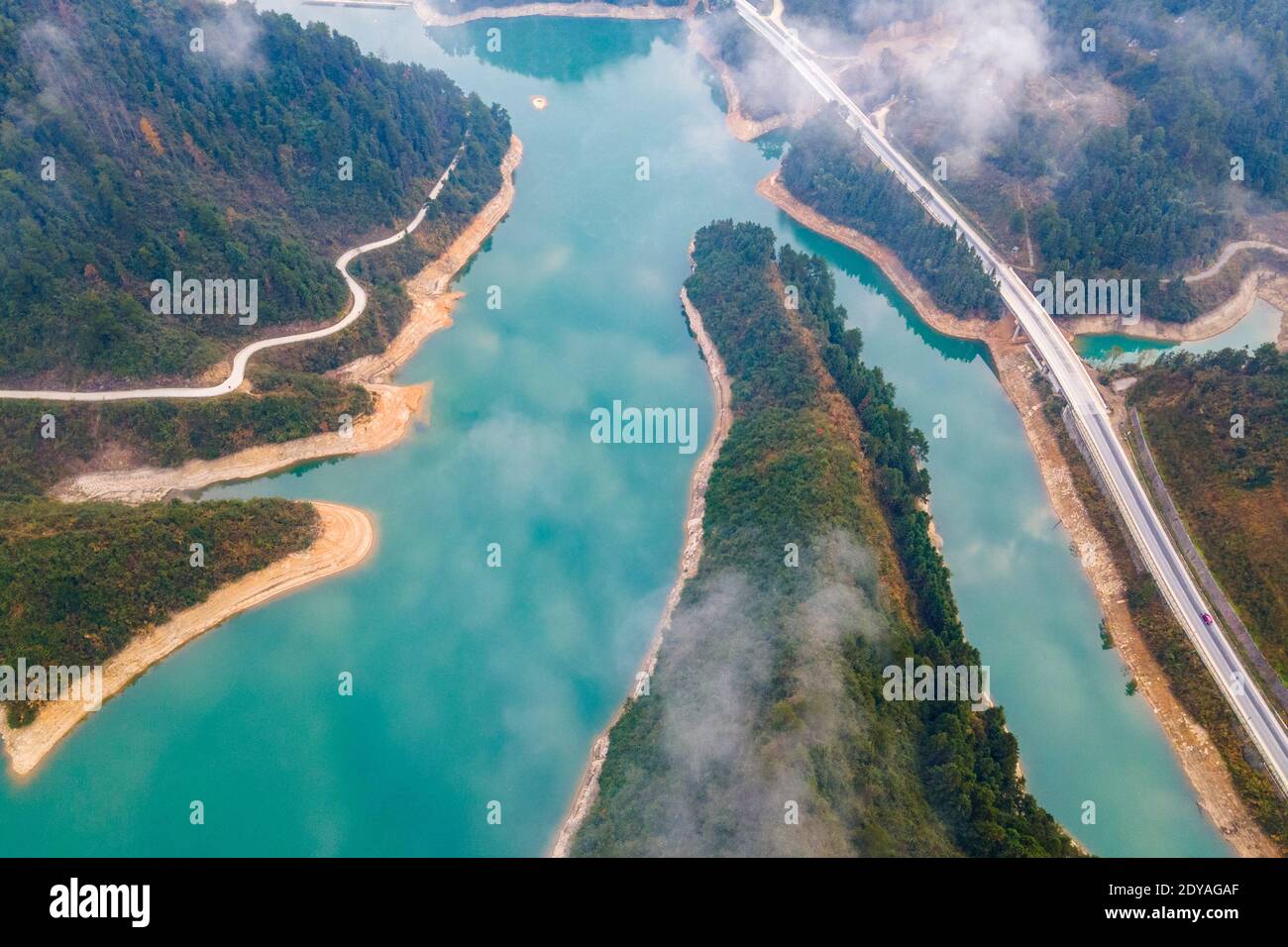 An aerial view of Yuejin Reservoir in Jishou city, Xiangxi Tujia and ...