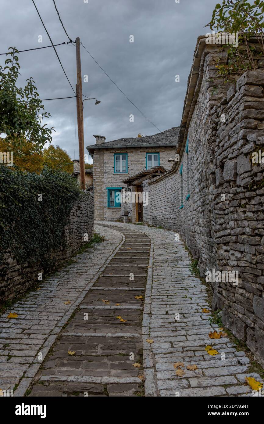 The picturesque village of Monodendri during fall season with its ...