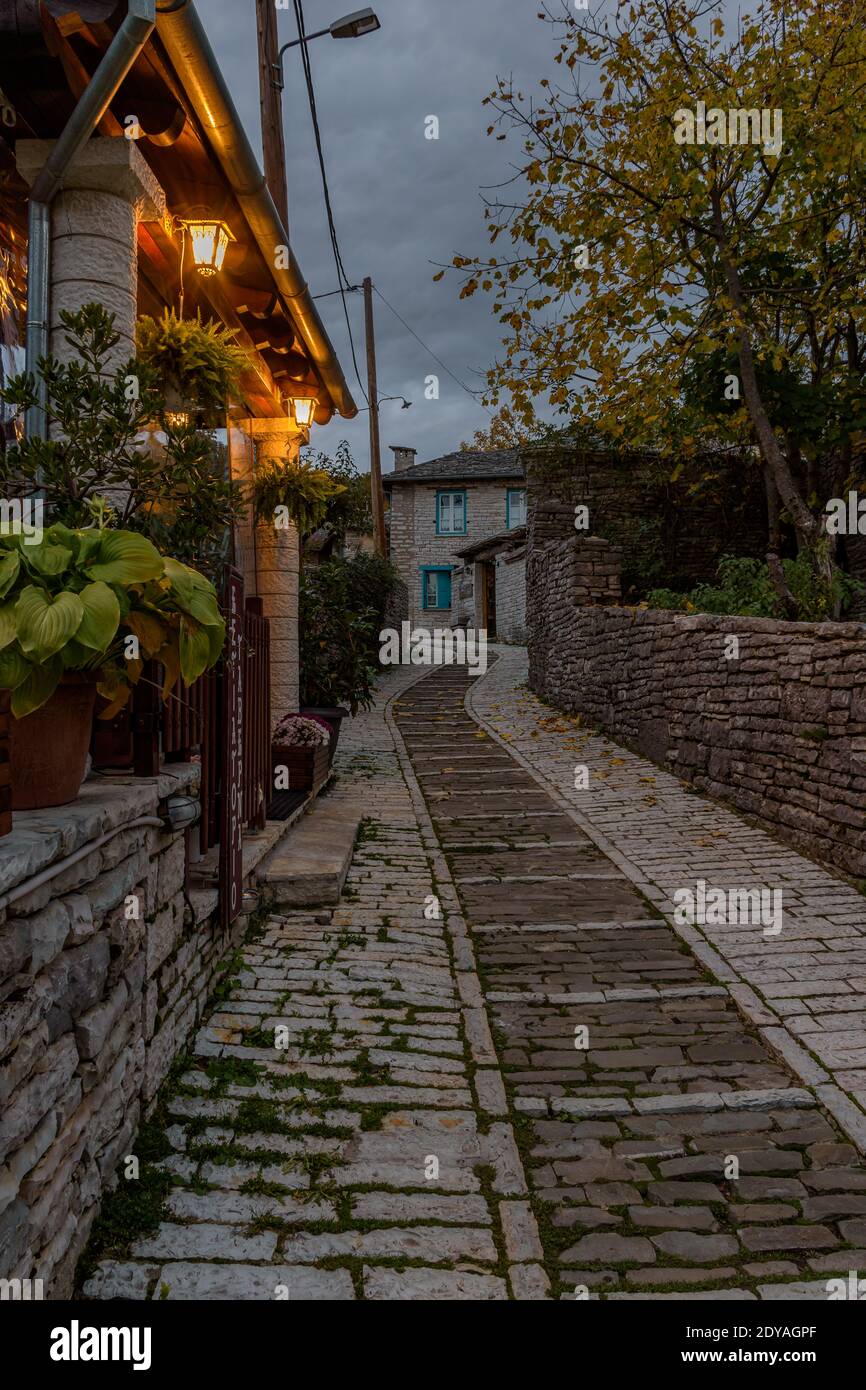 The picturesque village of Monodendri during fall season with its ...