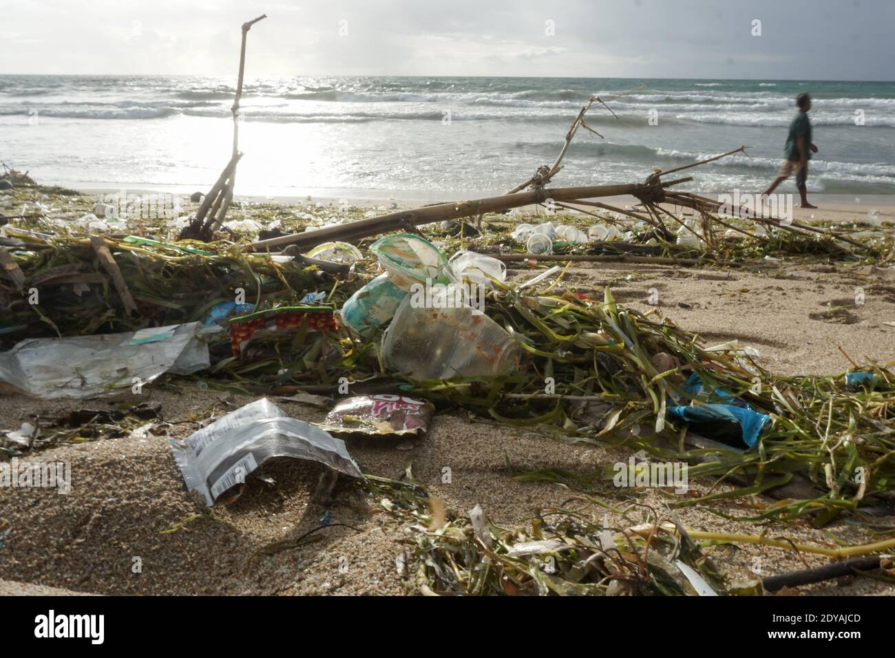 A man walks along the beach among the trashes.Tons of Trash reportedly ...