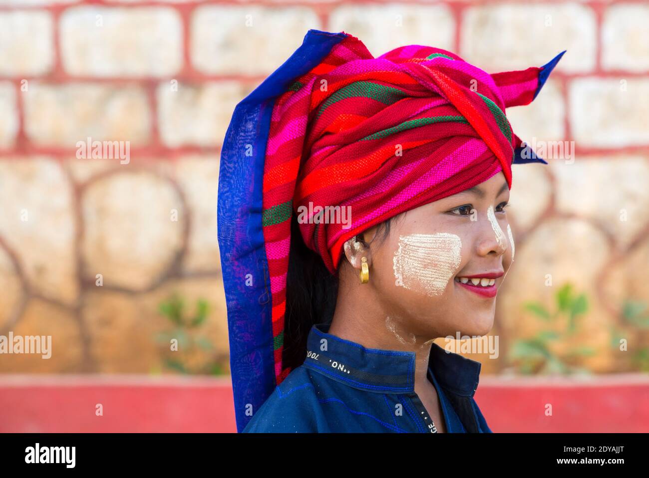 young Pa O lady with thanaka on face at Shwe Indein Pagoda complex ...