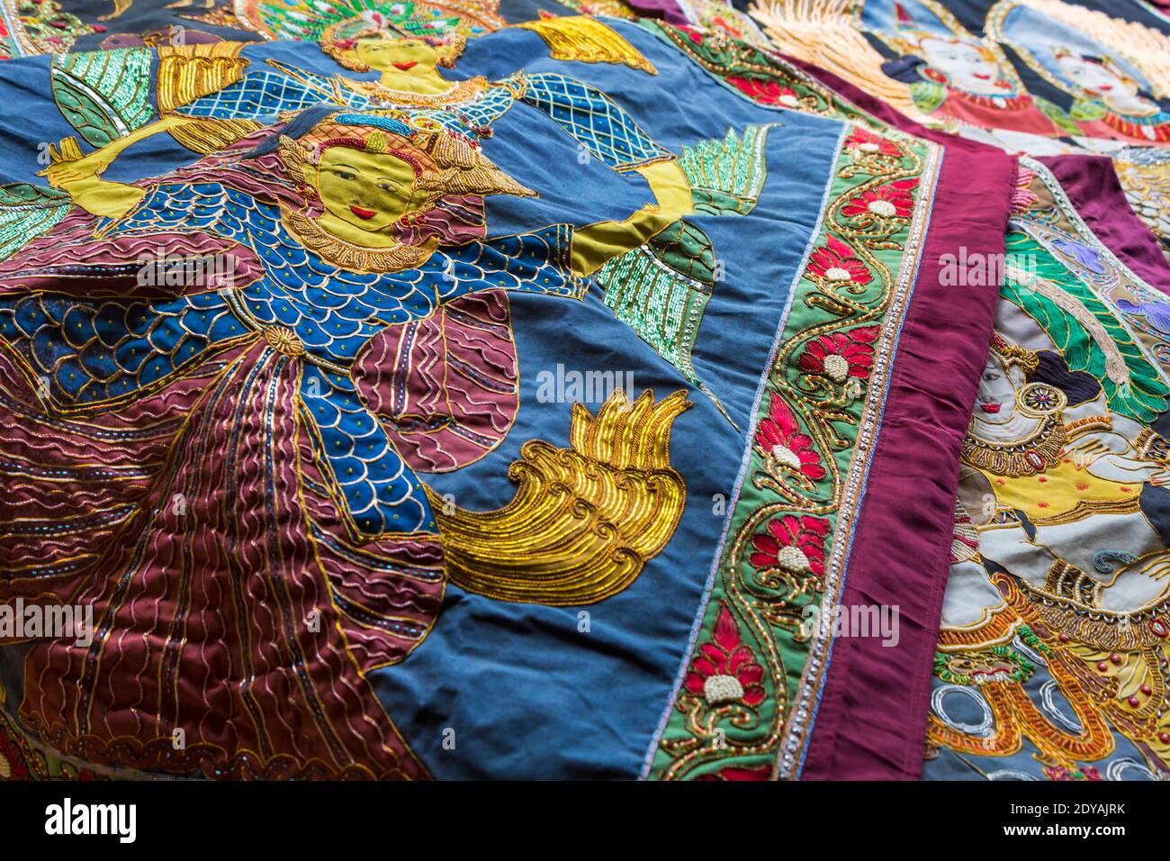 Buddhist figures on textiles for sale on stall at Shwe Indein Pagoda ...