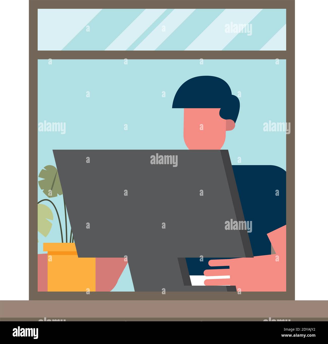 Man with computer working from home window design of telecommuting ...