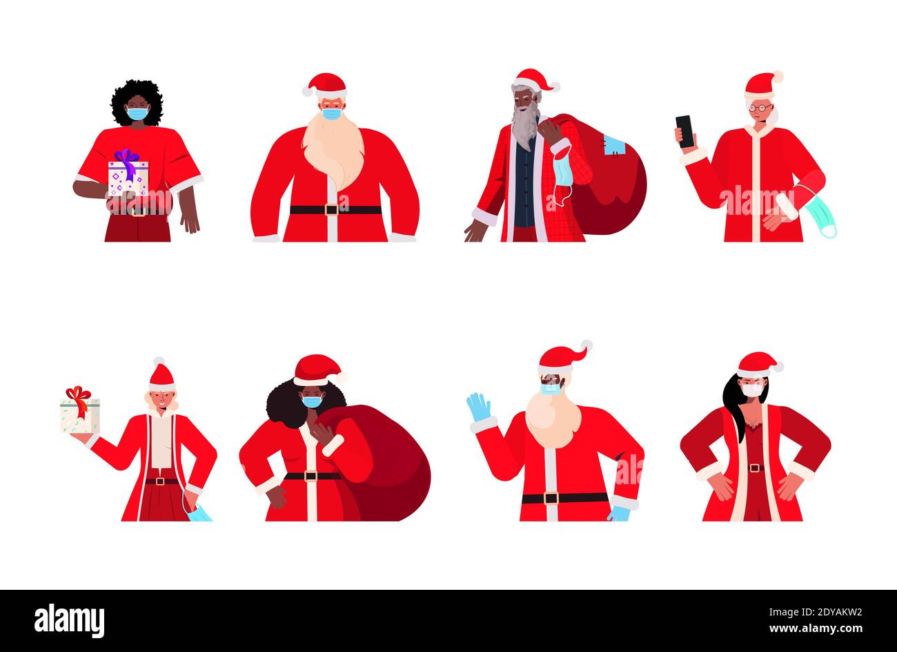 set mix race santa men women in masks new year christmas holidays ...