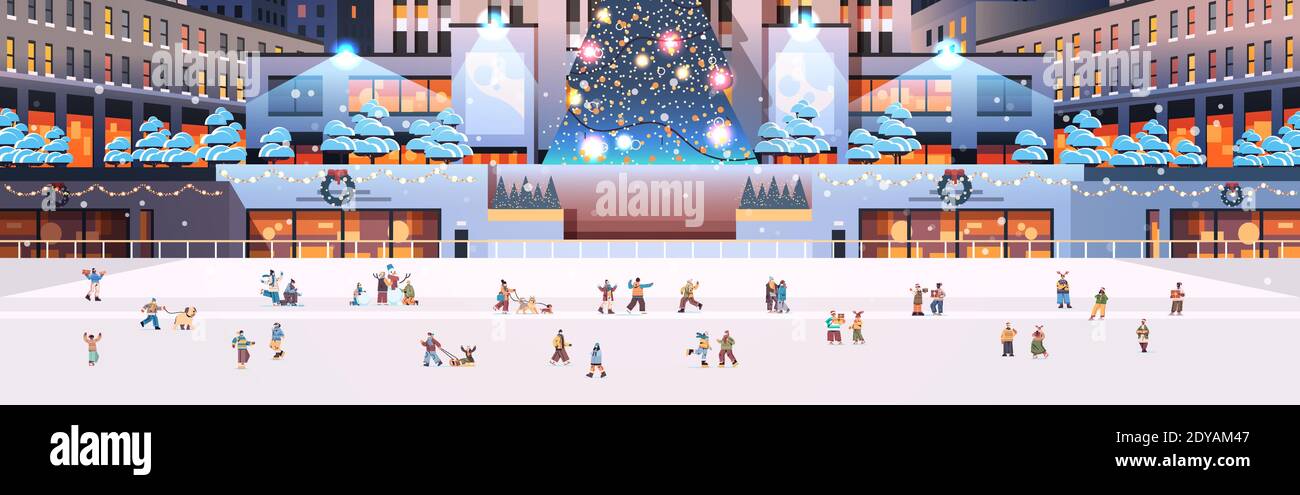 people skating on ice rink on central city square new year christmas ...