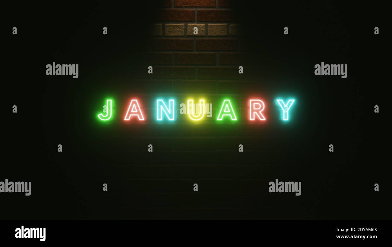 January text neon light colorful on brick wall texture . 3d ...