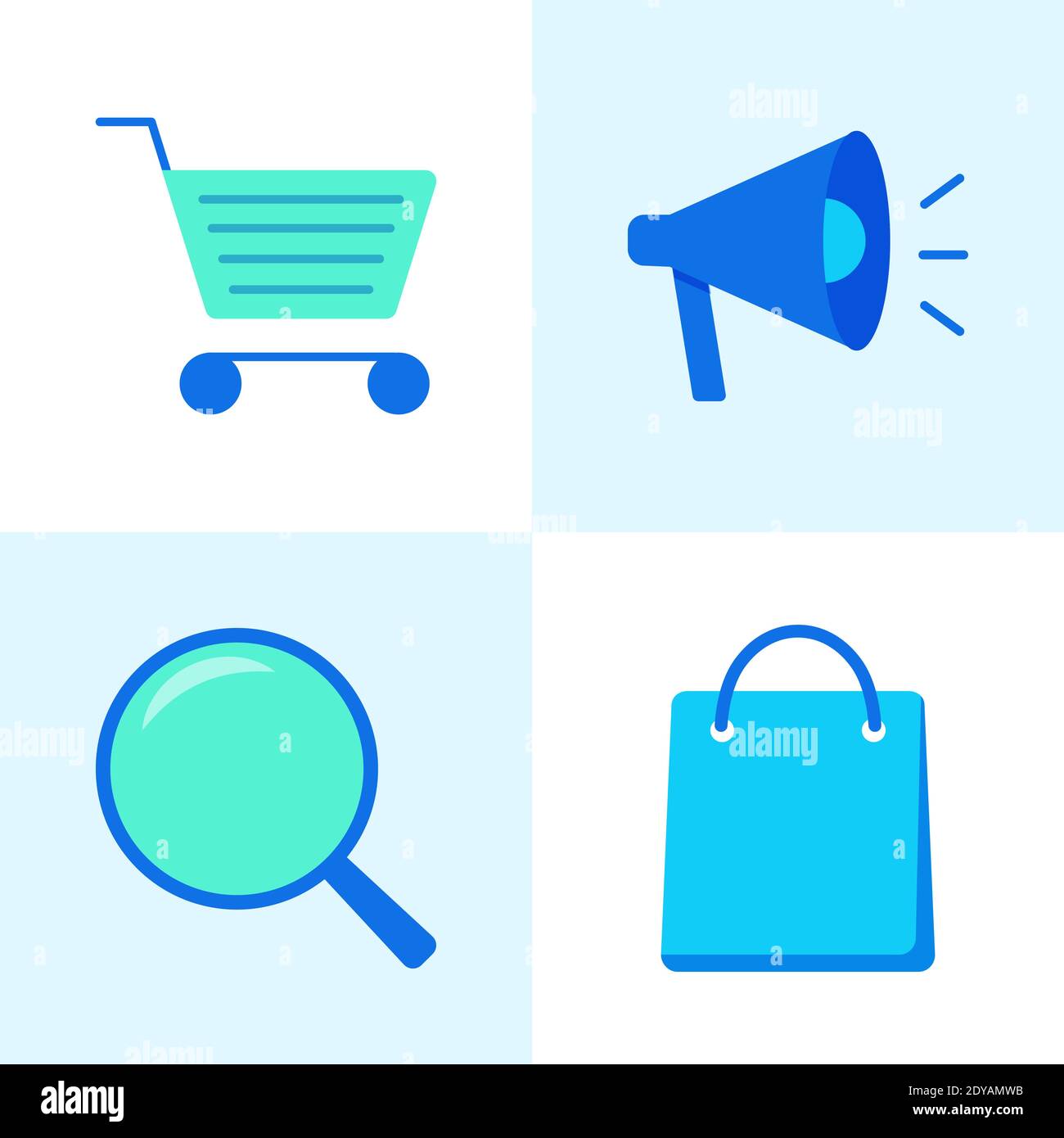 Promotion and purchase icons set in flat style. Shopping cart and bag ...