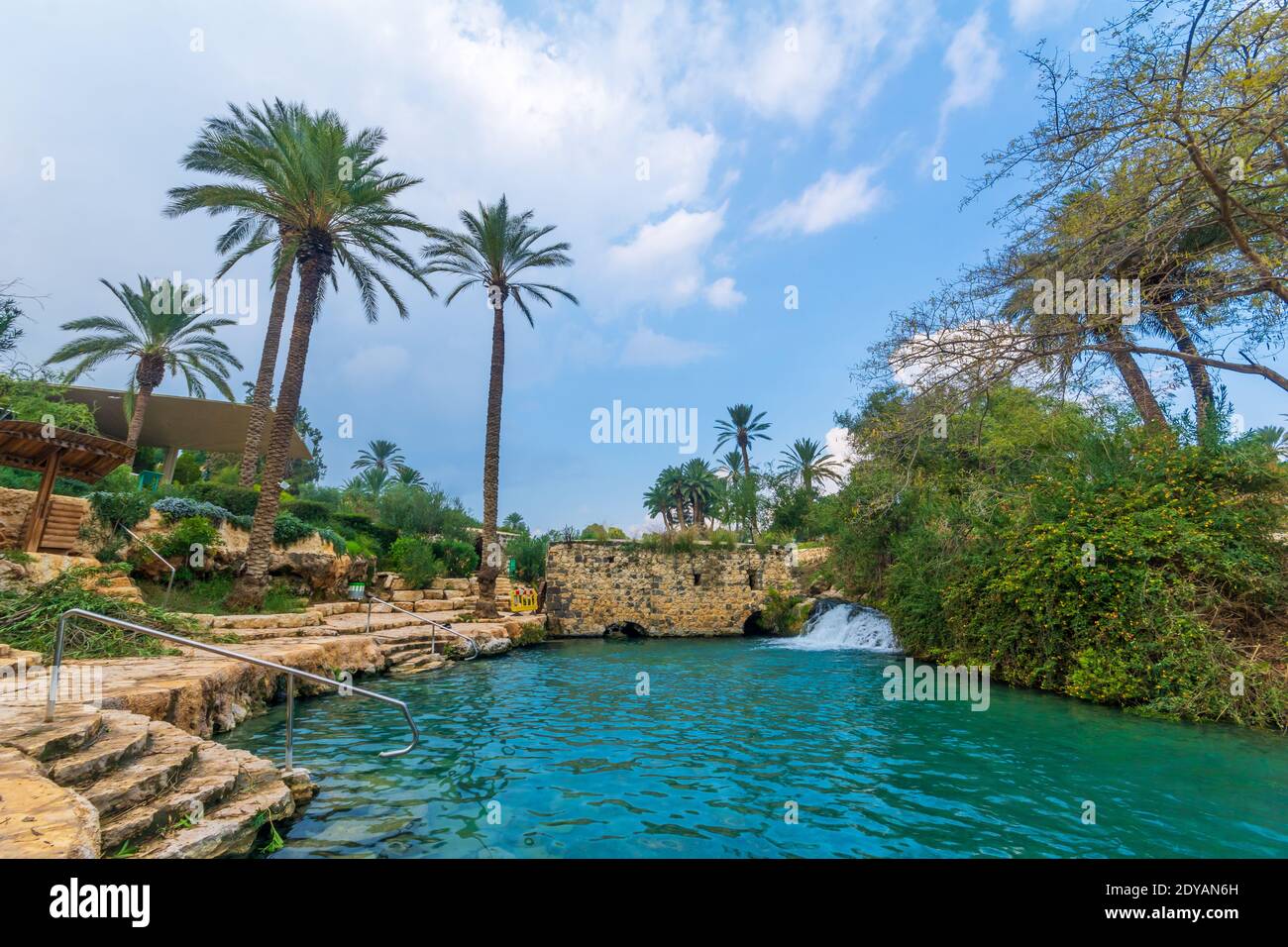 View of natural warm water pool and an old mill in Gan HaShlosha ...