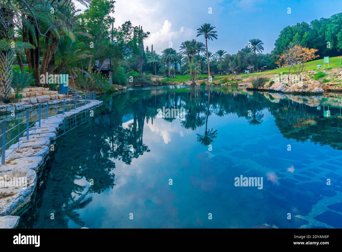 View of natural warm water pool in Gan HaShlosha National Park (Sakhne ...