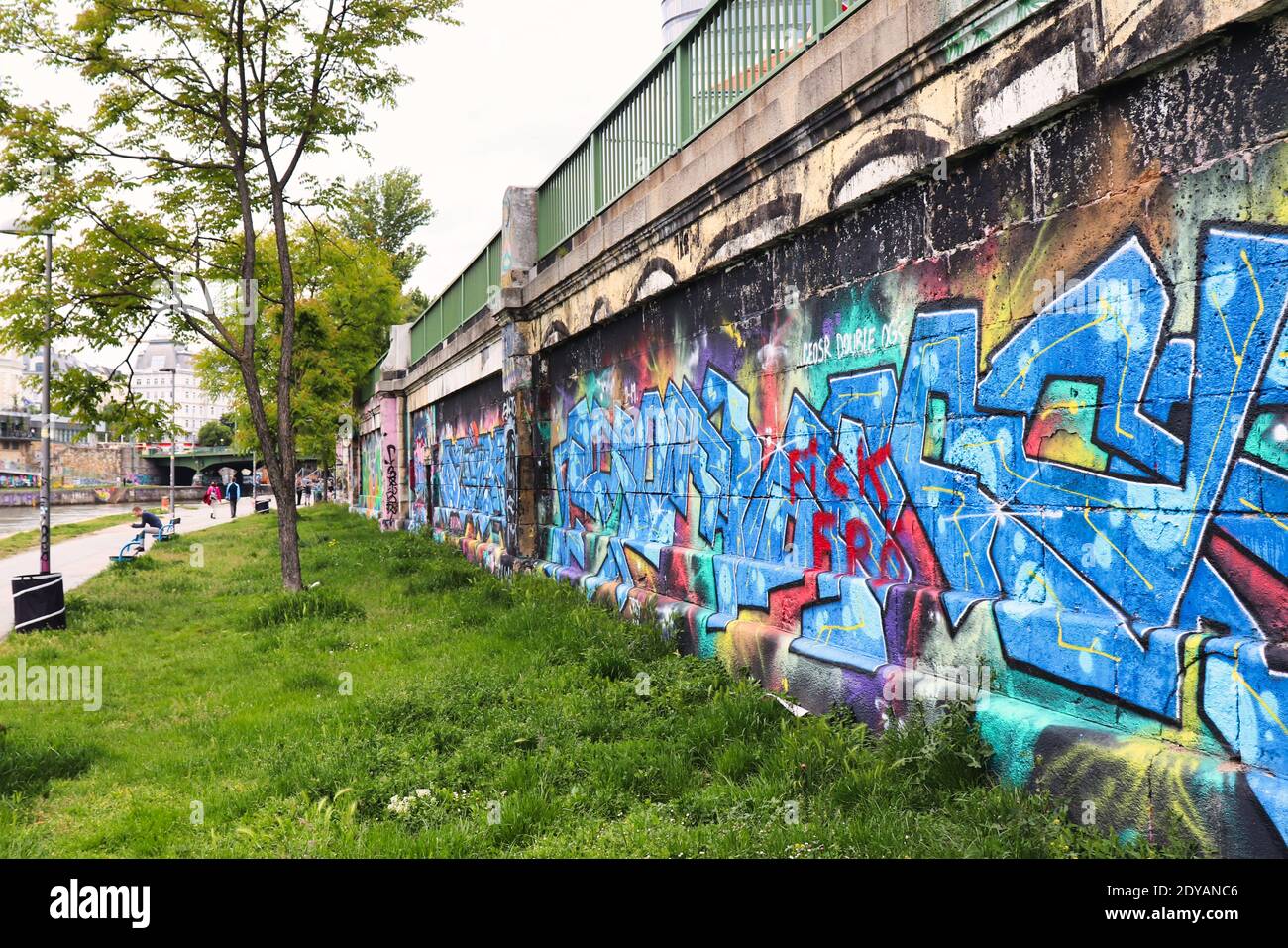 Graffiti on a wall next to the Danube river in Vienna, Austria Stock ...