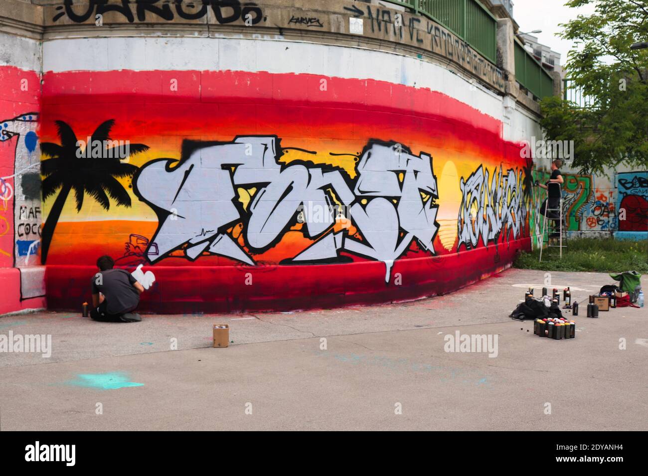 Graffiti on a wall next to the Danube river in Vienna, Austria Stock ...