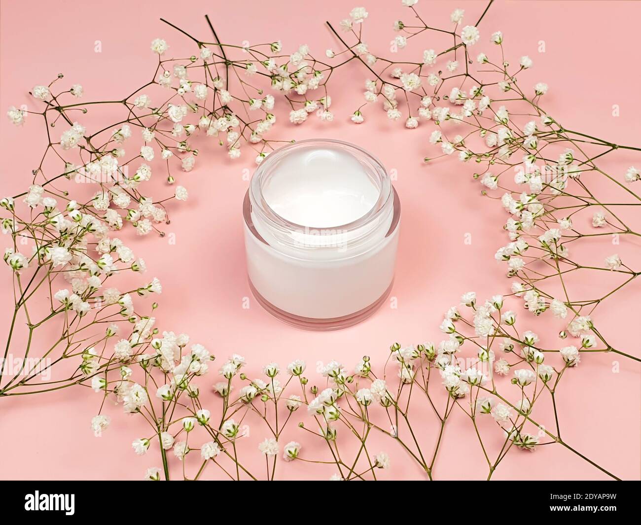 Moisturizer cream in open glass jar and gypsophila flowers on pink ...