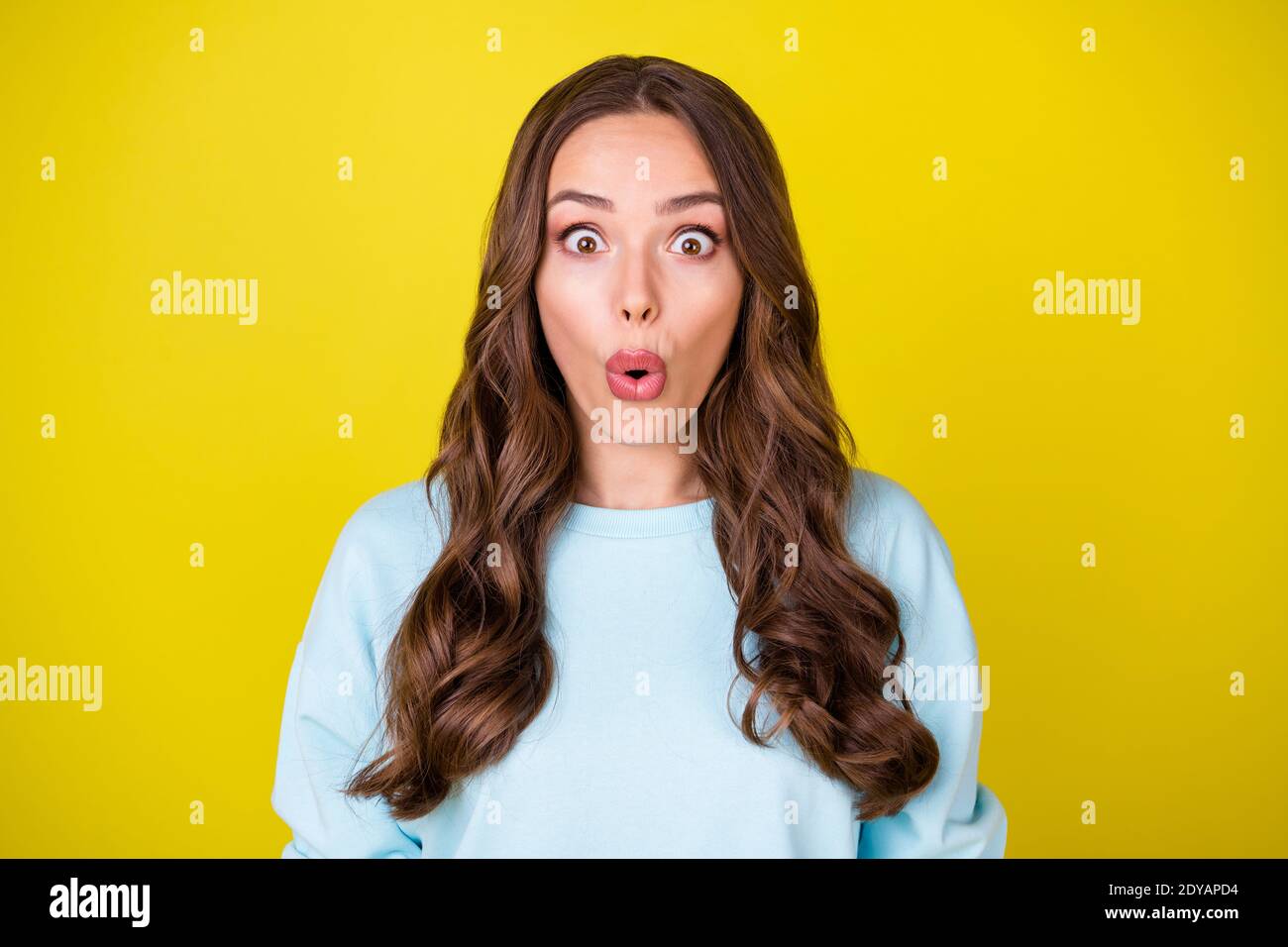 Photo of cute lovely crazy student girl staring shocked look neighbor ...