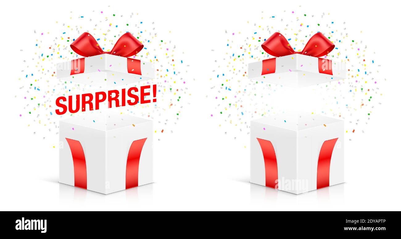 Set of open white gift boxes with a Surprise message, and empty space ...