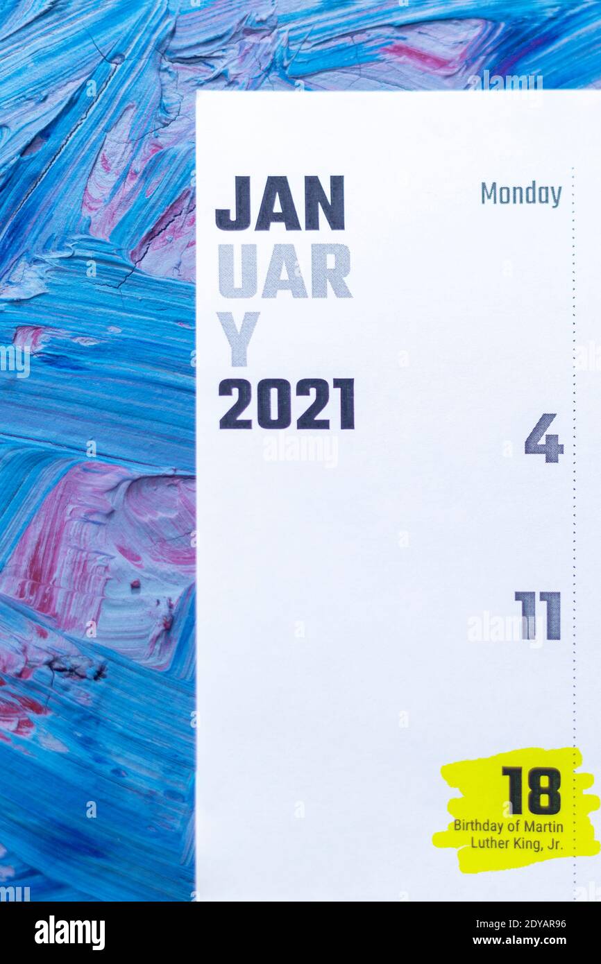 January 2021 calendar. January 18 highlighted with marker. Birthday of ...