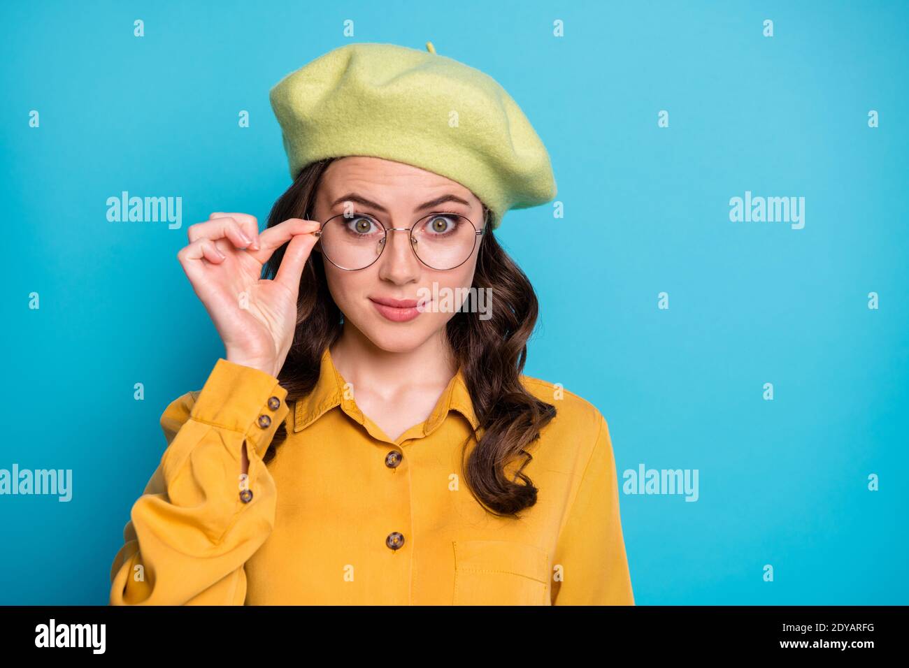 Close up photo of smart cute pretty girl lady look good spectacles ...