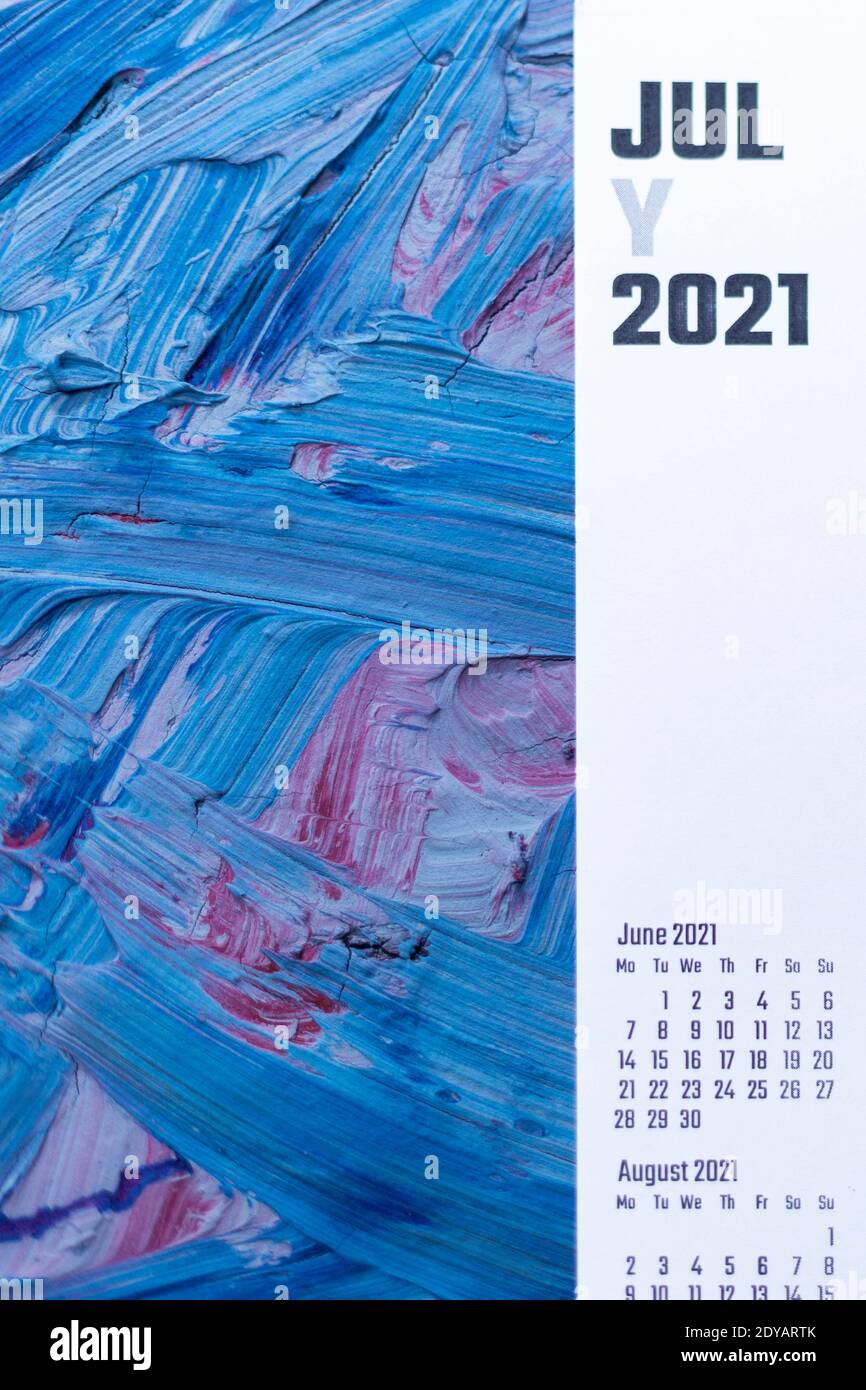 July 2021 calendar. July monthly calendar on blue background Stock ...