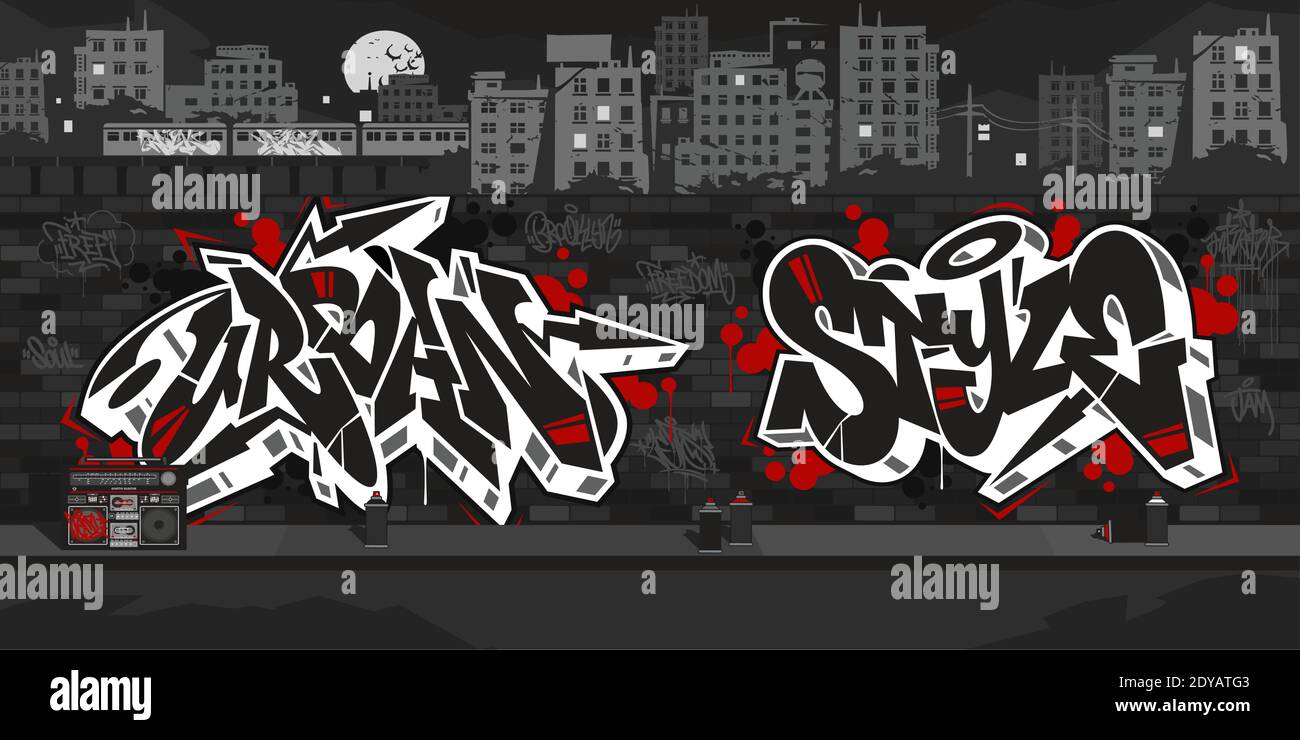 Urban Style Graffiti Wall With Drawings At Night Against The Background ...