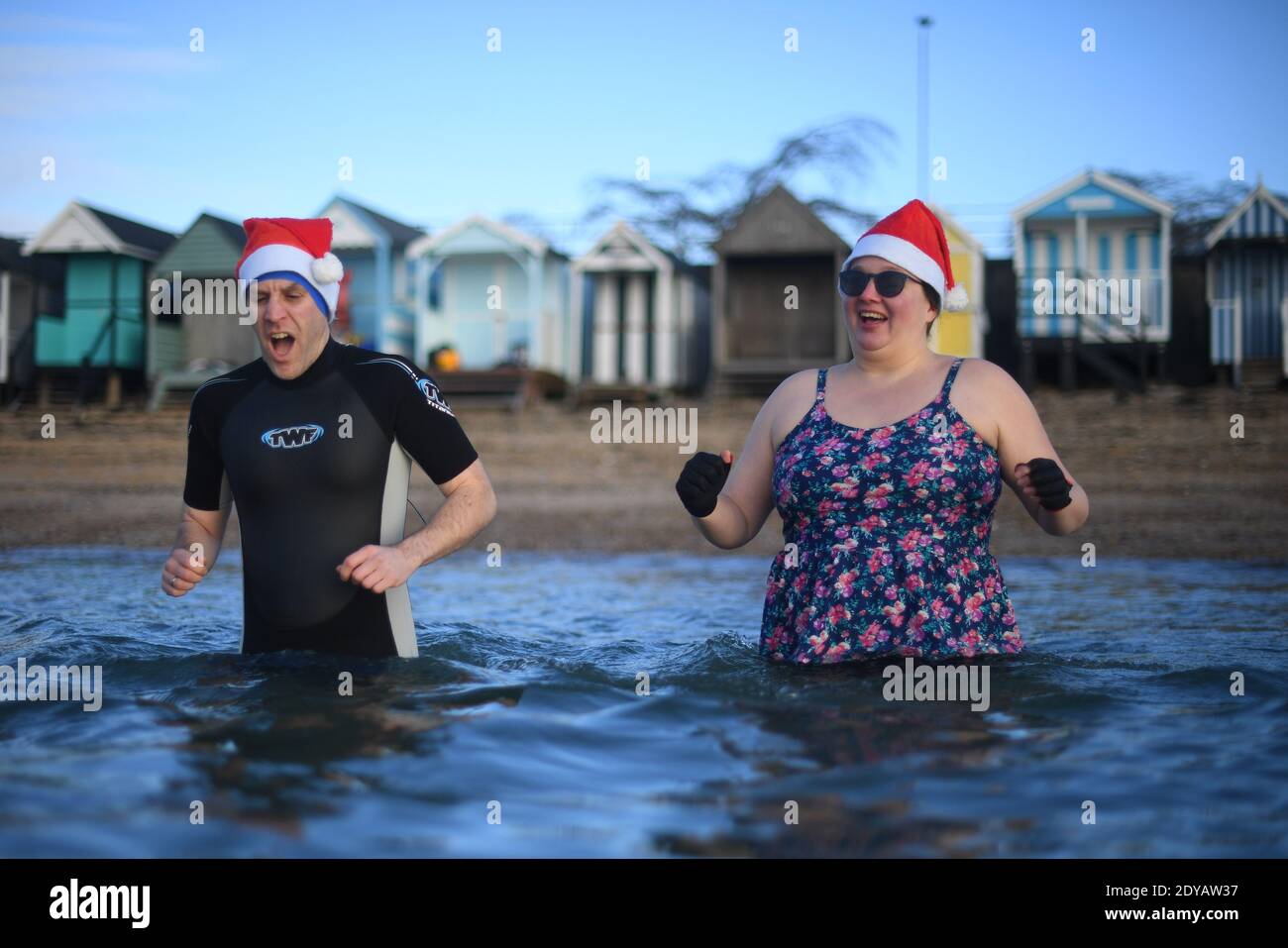 Christmas Day swimmers enter the water in Thorpe Bay Essex Stock Photo ...