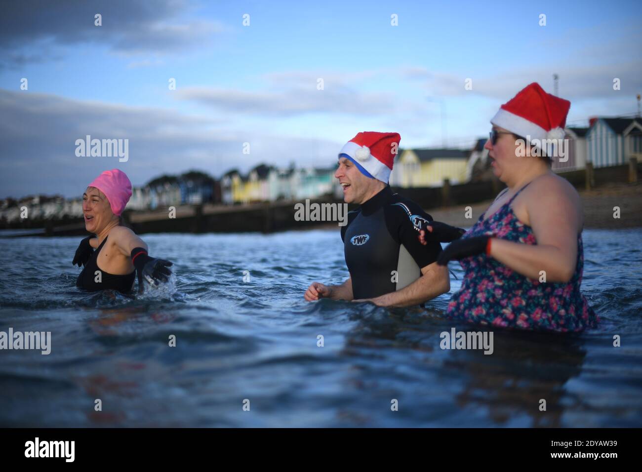 Christmas Day swimmers enter the water in Thorpe Bay Essex Stock Photo ...