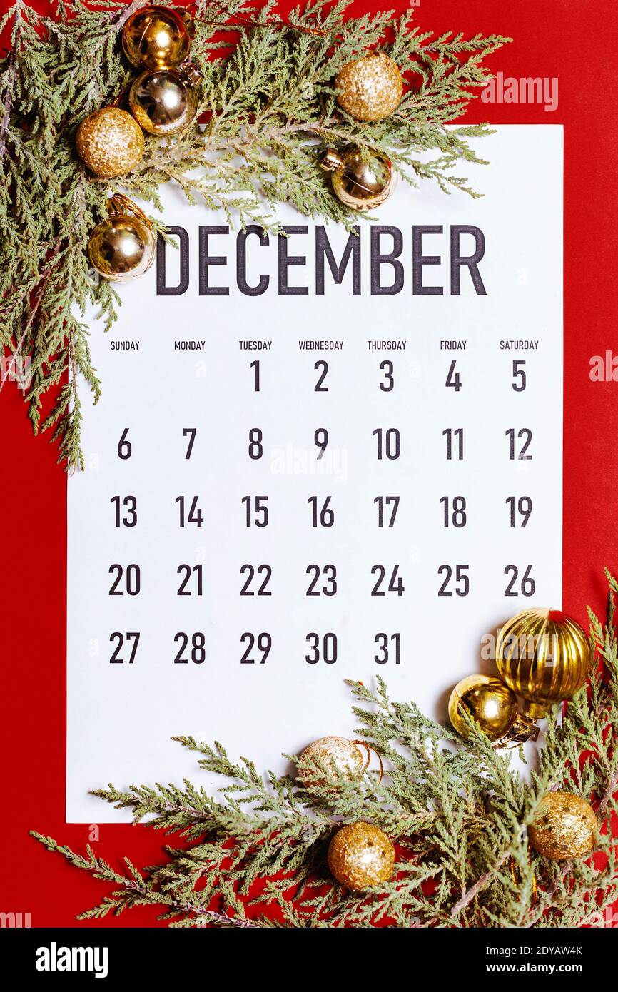 December 2020 monthly Calendar with Christmas decoration. Festive decor ...