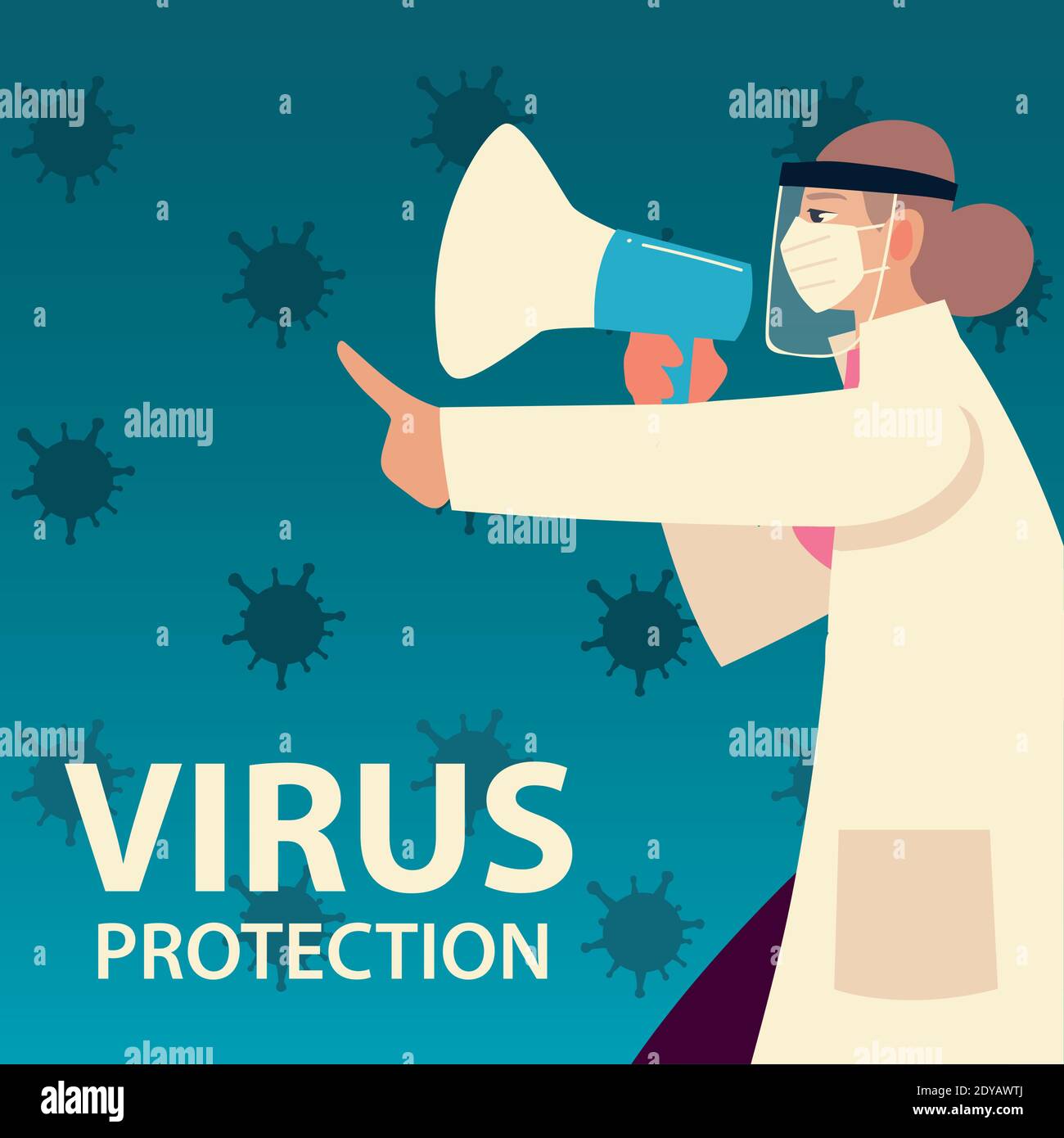 covid 19 virus protection and woman doctor with mask and megaphone ...