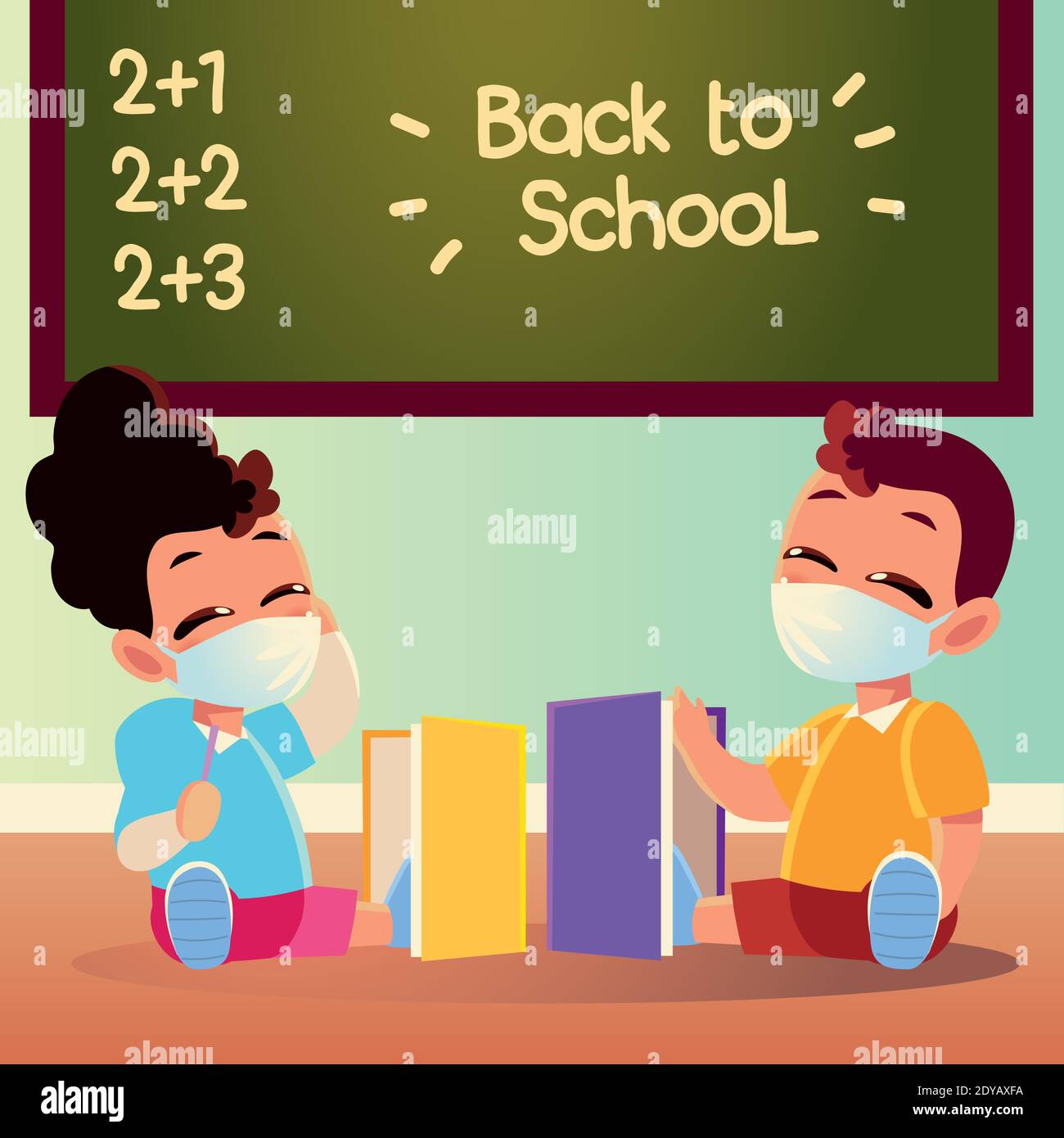 Back to school of girl and boy kid with medical masks and notebooks ...