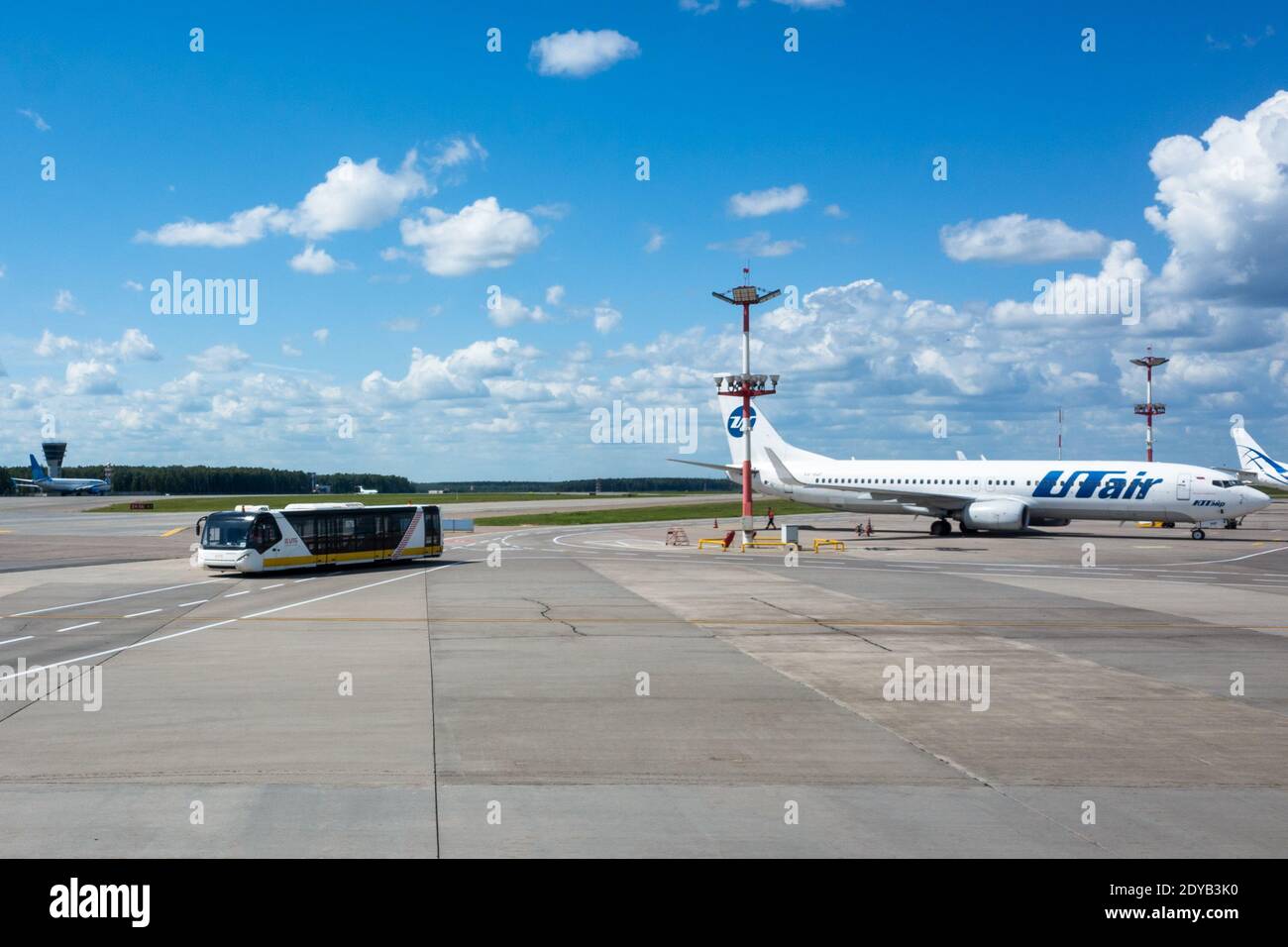 July 2, 2019 Moscow, Russia. Passenger bus at Vnukovo airport Stock ...