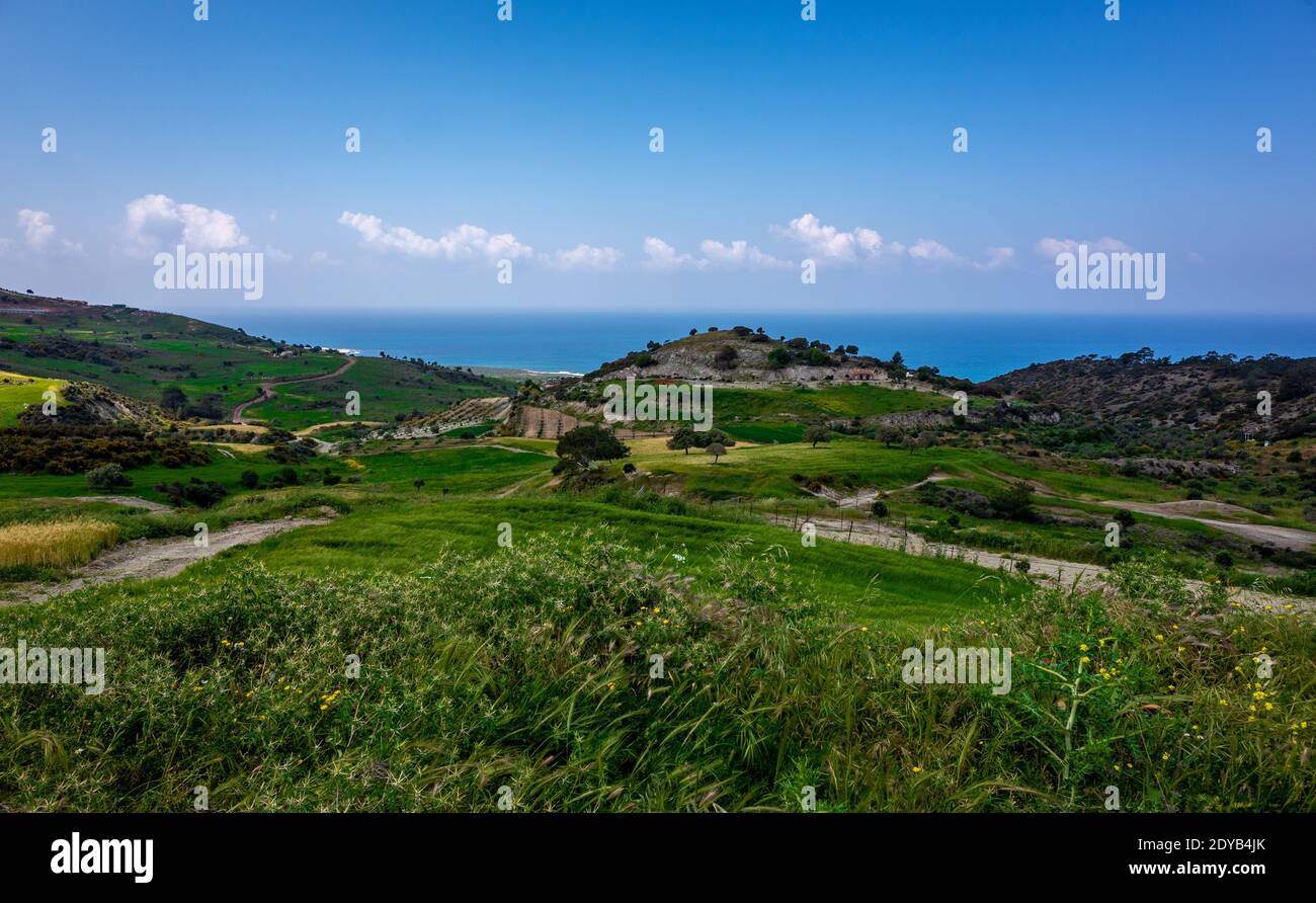 Water meadows and hills on the Mediterranean coast on the island of ...