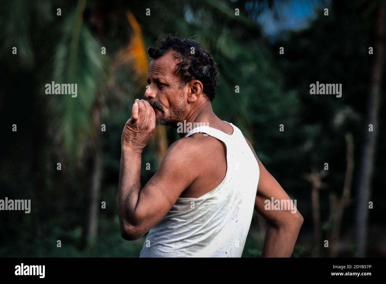 Side View Of Man Smoking Cigarette While Standing Against Trees Stock ...