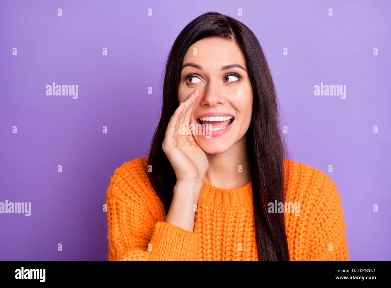 Photo portrait of brunette with long hair telling secret rumor looking ...