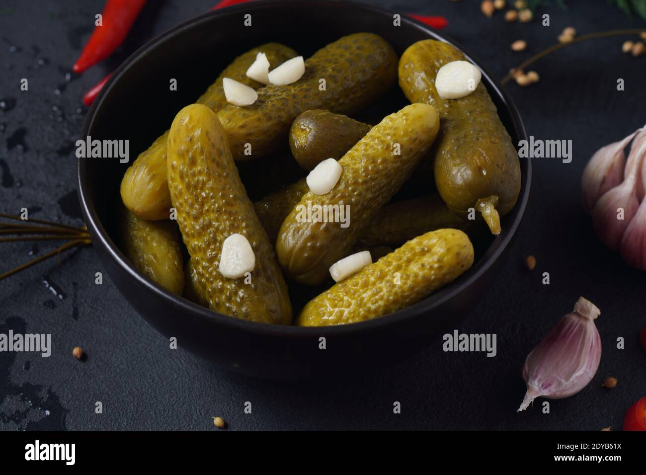 Homemade small cucumbers, fermented, salted or marinated pickles with ...