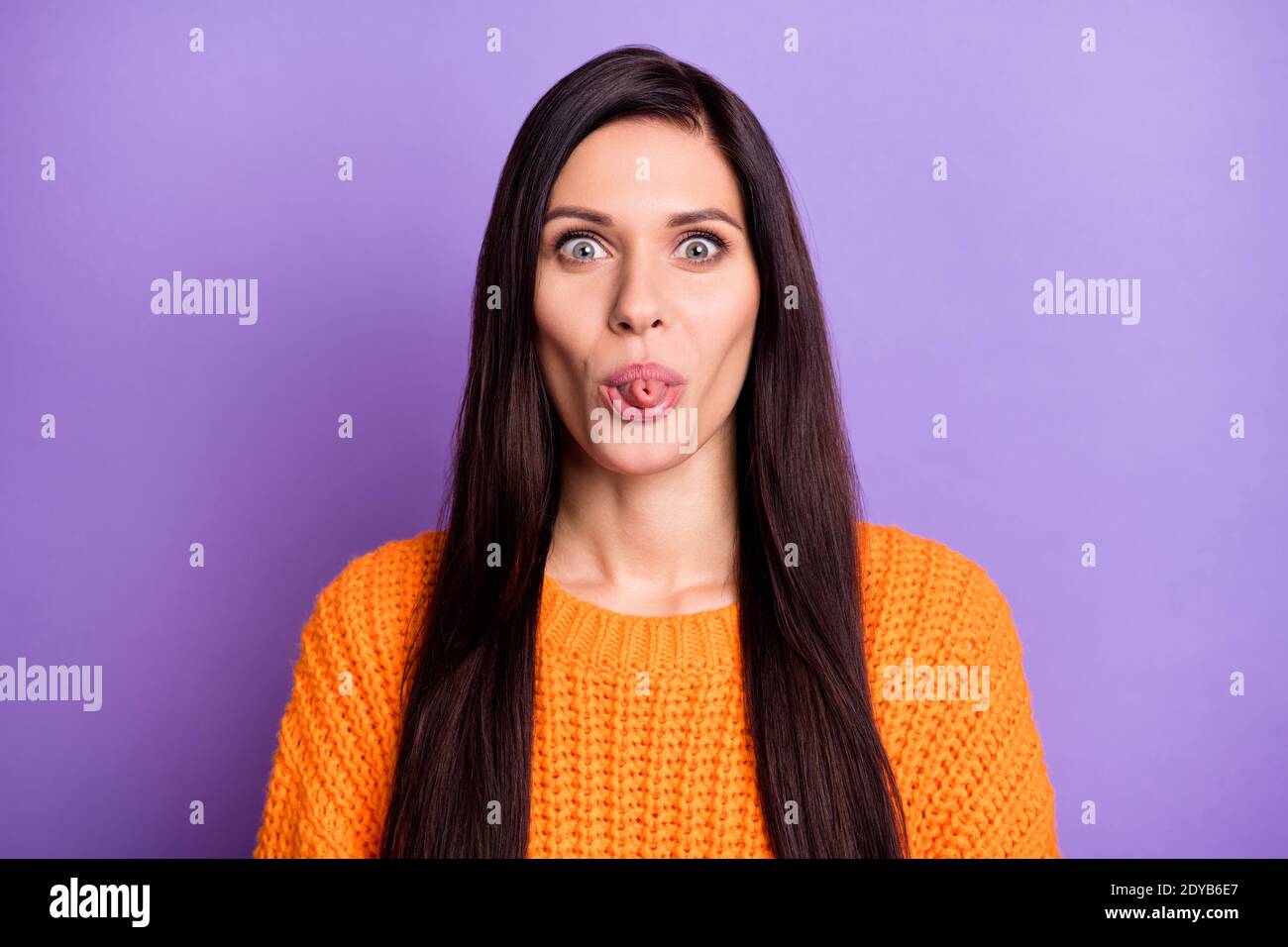 Photo portrait pretty girl showing tongue playful fooling wearing ...