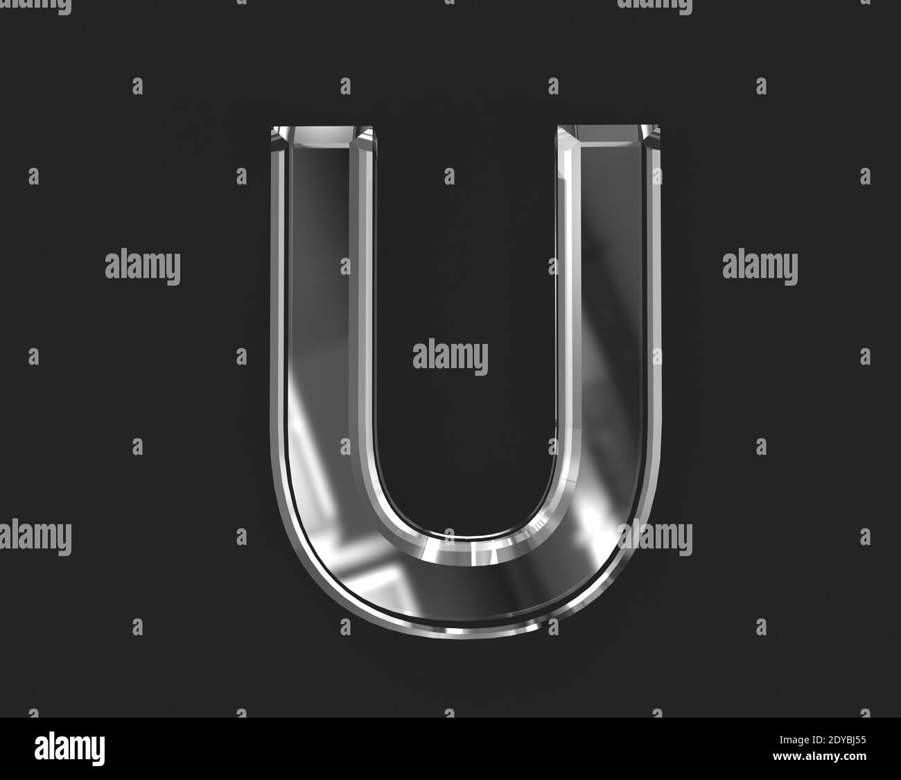 White shiny glass made crystal alphabet - letter U isolated on dark ...