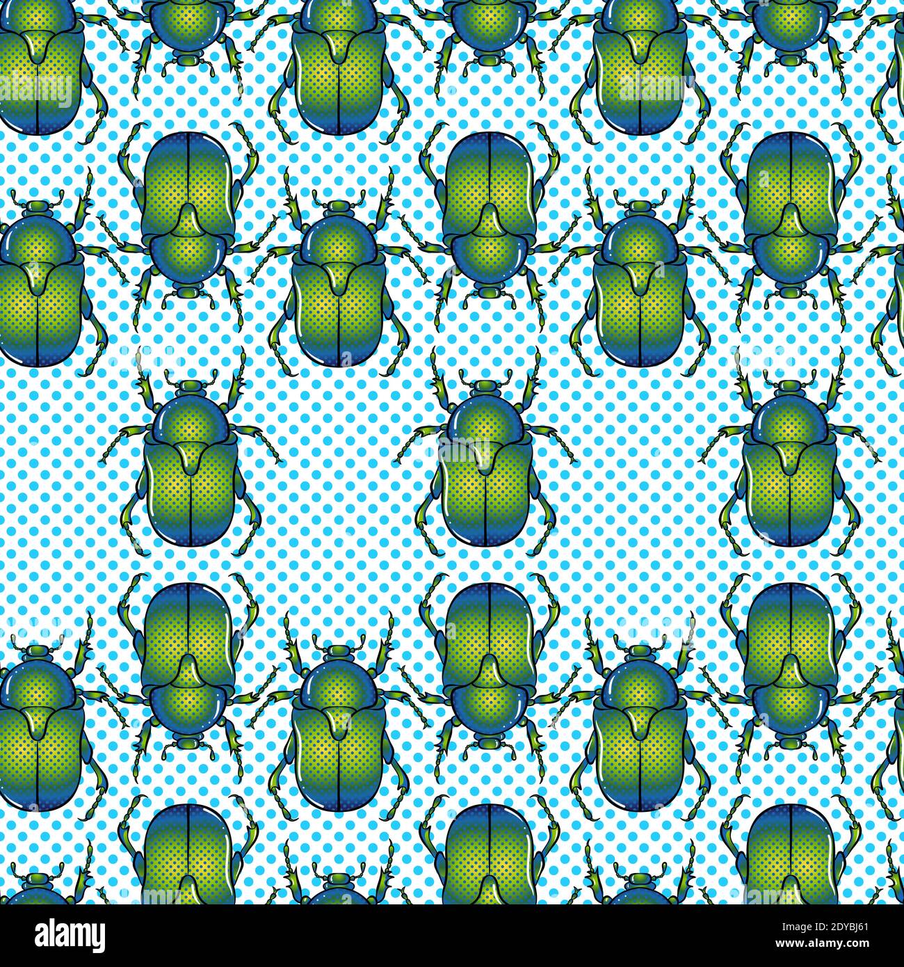 Cartoon colorful bright green beetle on a blue background. Seamless ...