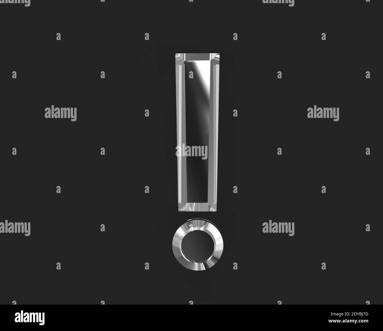 White shiny reflective clear font - exclamation point isolated on dark ...