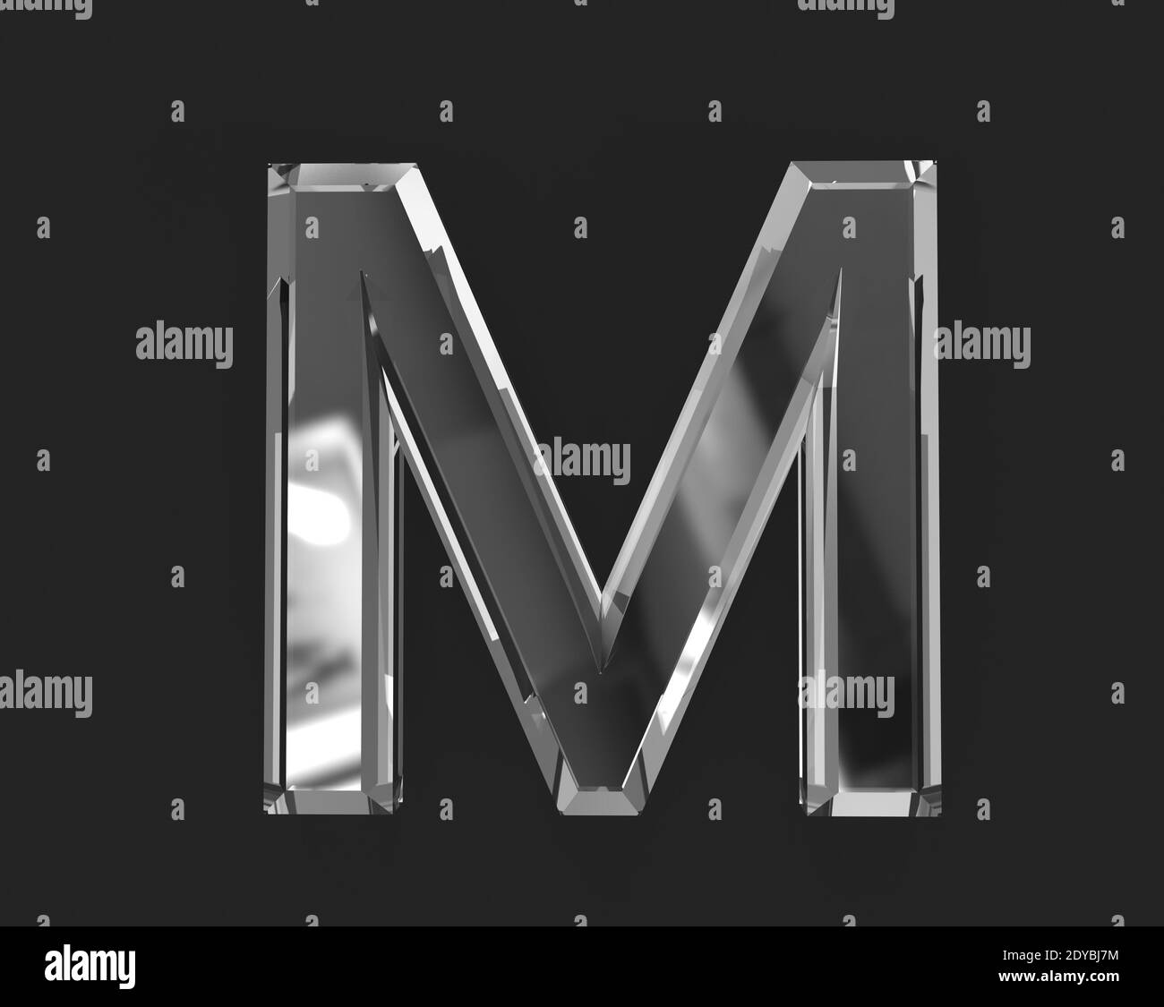 White shine glassy transparent alphabet - letter M isolated on dark ...