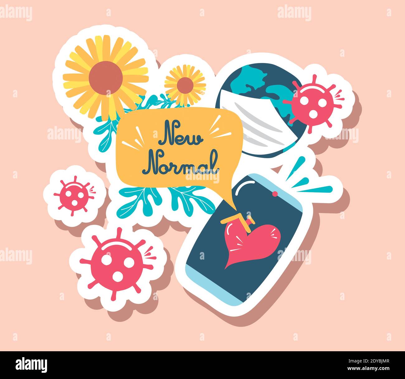 covid 19 virus stickers with smartphone new normal bubble and icon set ...