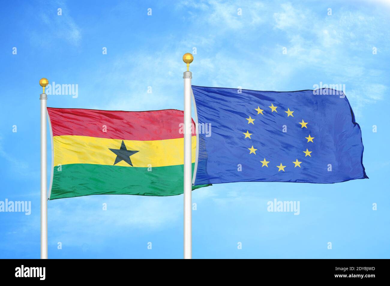 Ghana and European Union two flags on flagpoles and blue sky Stock ...