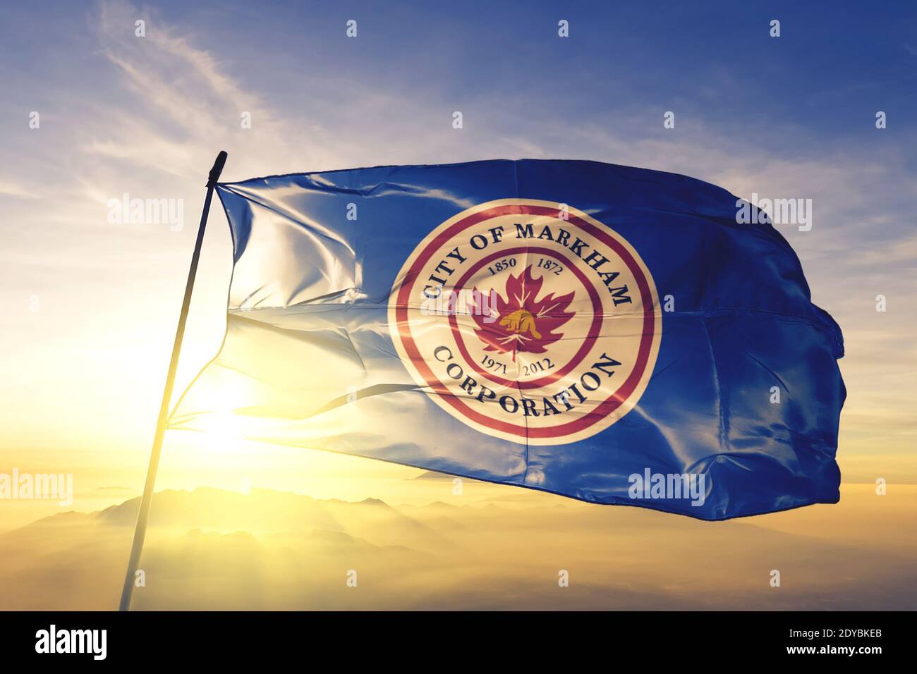 Markham of Ontario of Canada flag waving on the top sunrise mist fog ...