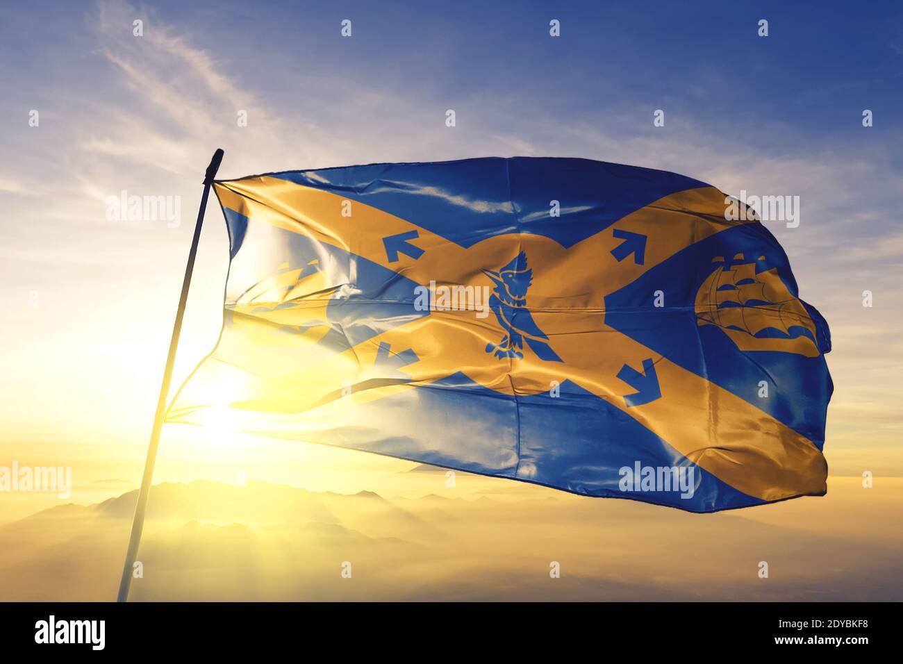 Halifax of Nova Scotia of Canada flag waving on the top sunrise mist ...