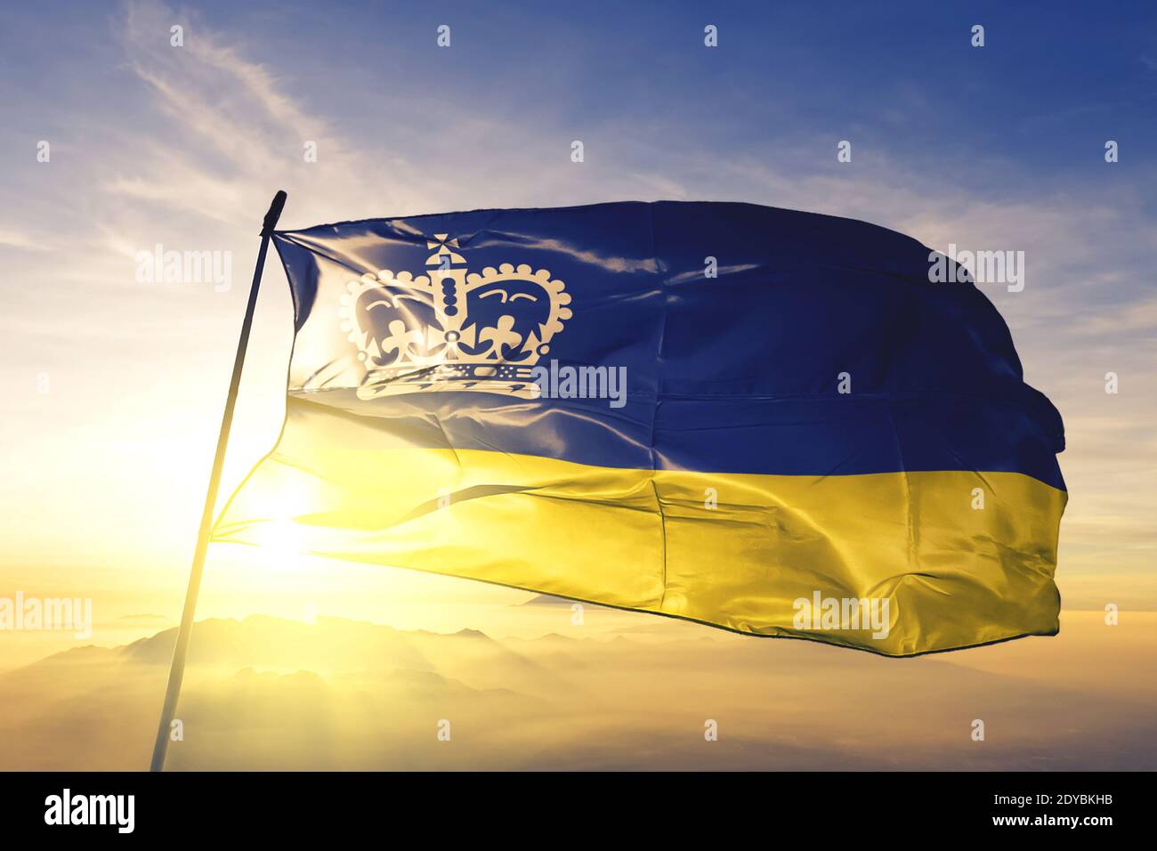 Regina of Saskatchewan of Canada flag waving on the top sunrise mist ...