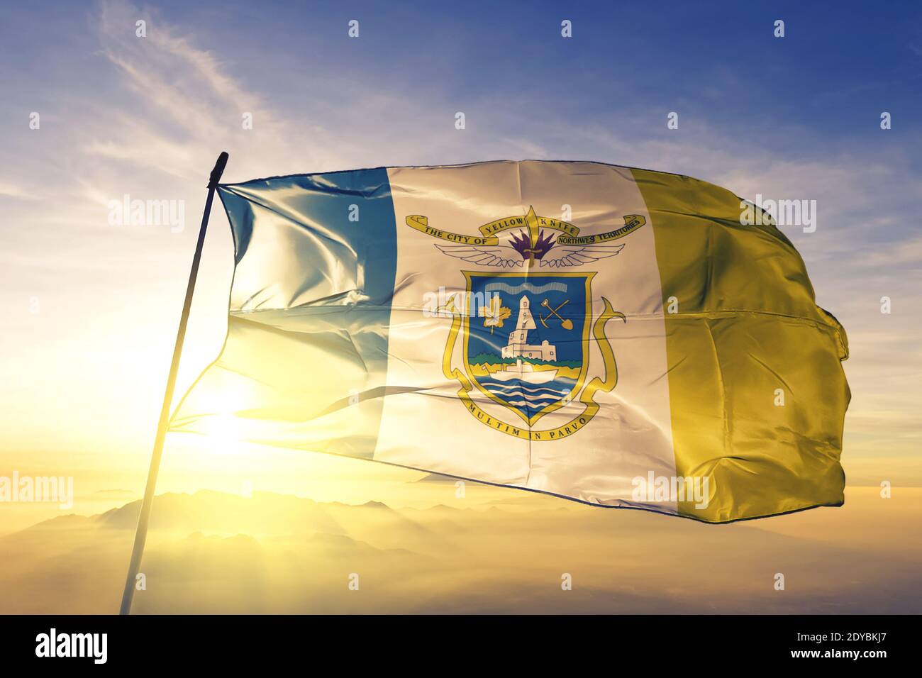 Yellowknife of Northwest Territories of Canada flag waving on the top ...