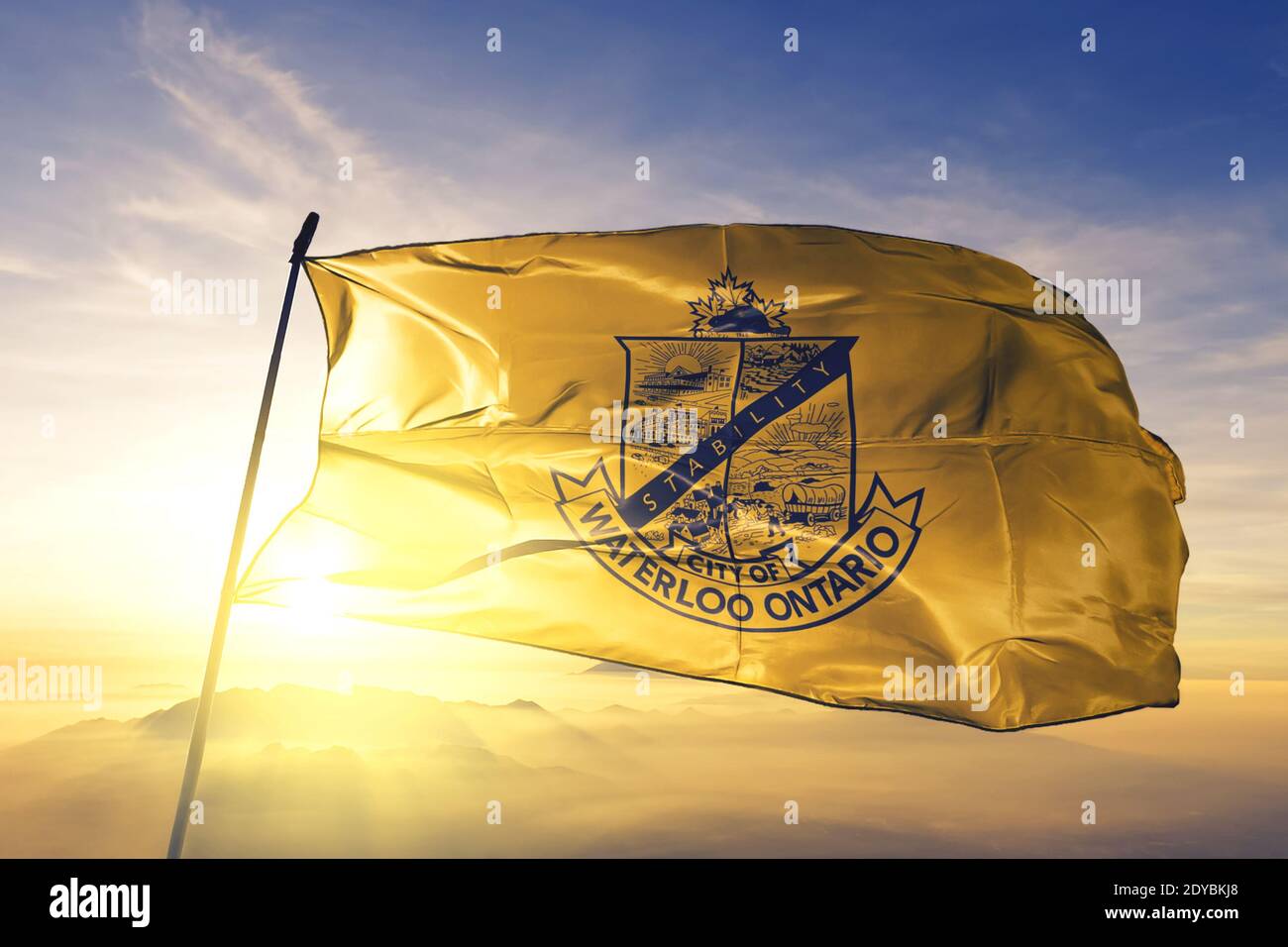 Waterloo of Canada flag waving on the top sunrise mist fog Stock Photo ...