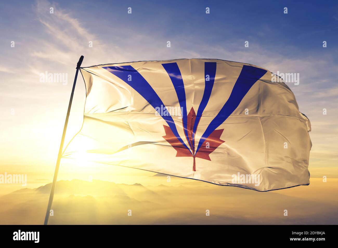 Vaughan of Ontario of Canada flag waving on the top sunrise mist fog ...